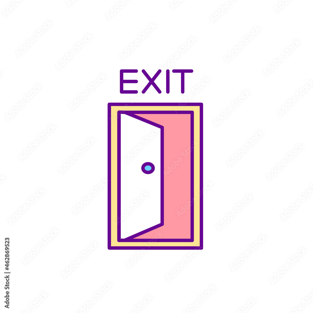 Emergency exit door RGB color icon. Way with directional plaque ...