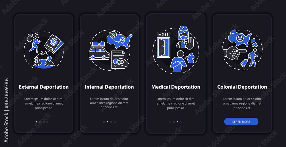 Different deportation types onboarding mobile app page screen. Immigration problems walkthrough ...