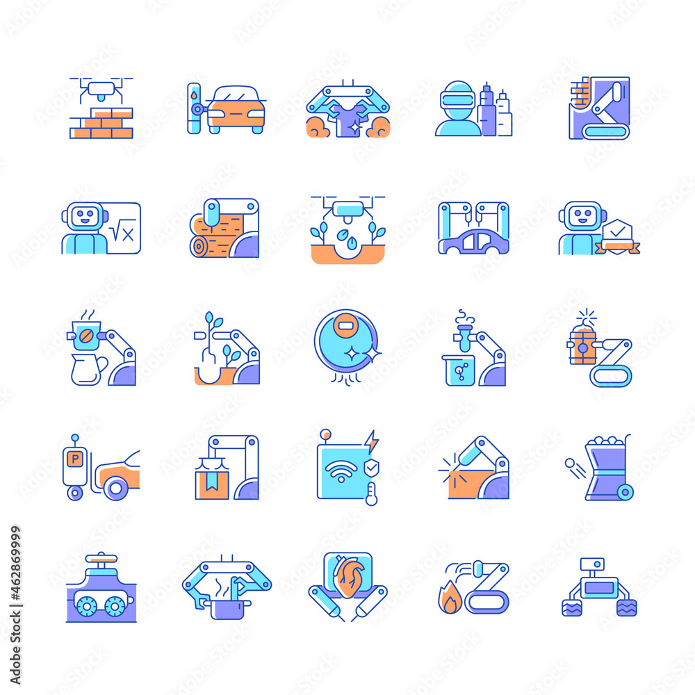 Automation RGB color icons set. Advanced manufacturing. Improve ...