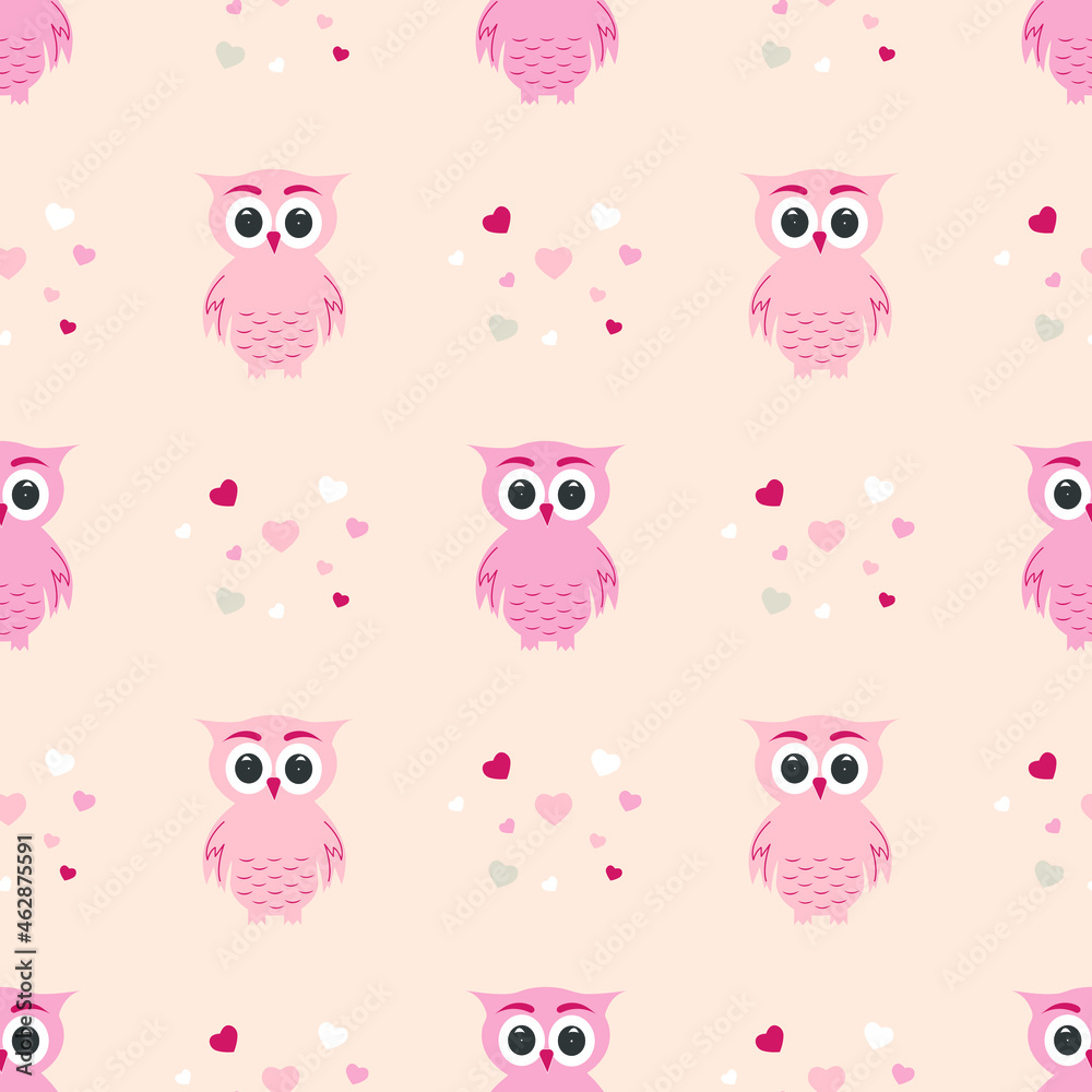 Cartoon pink owls and hearts seamless pattern. Children's background ...