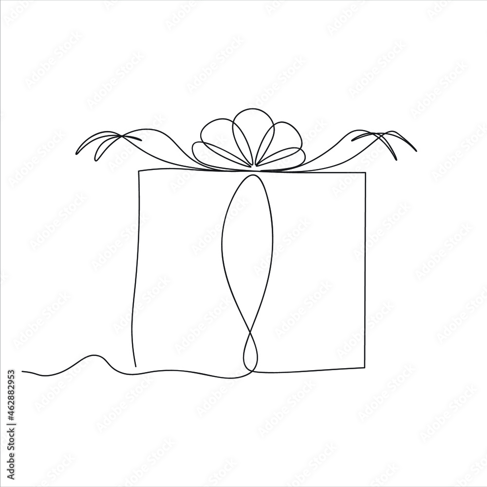 Gift box with ribbon one line drawing isolated on white. birthday gift ...