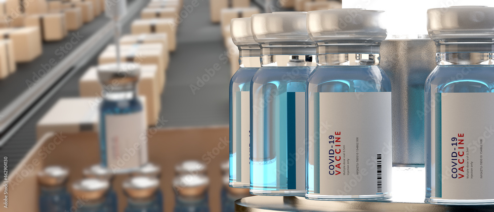 Vaccines in packages on conveyor belts. Covid-19 vaccination. 3d ...