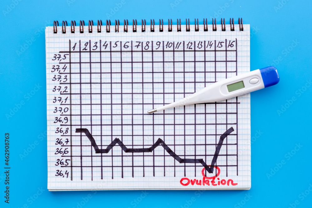 Basal ovulation temperature chart with thermometer, top view Stock ...