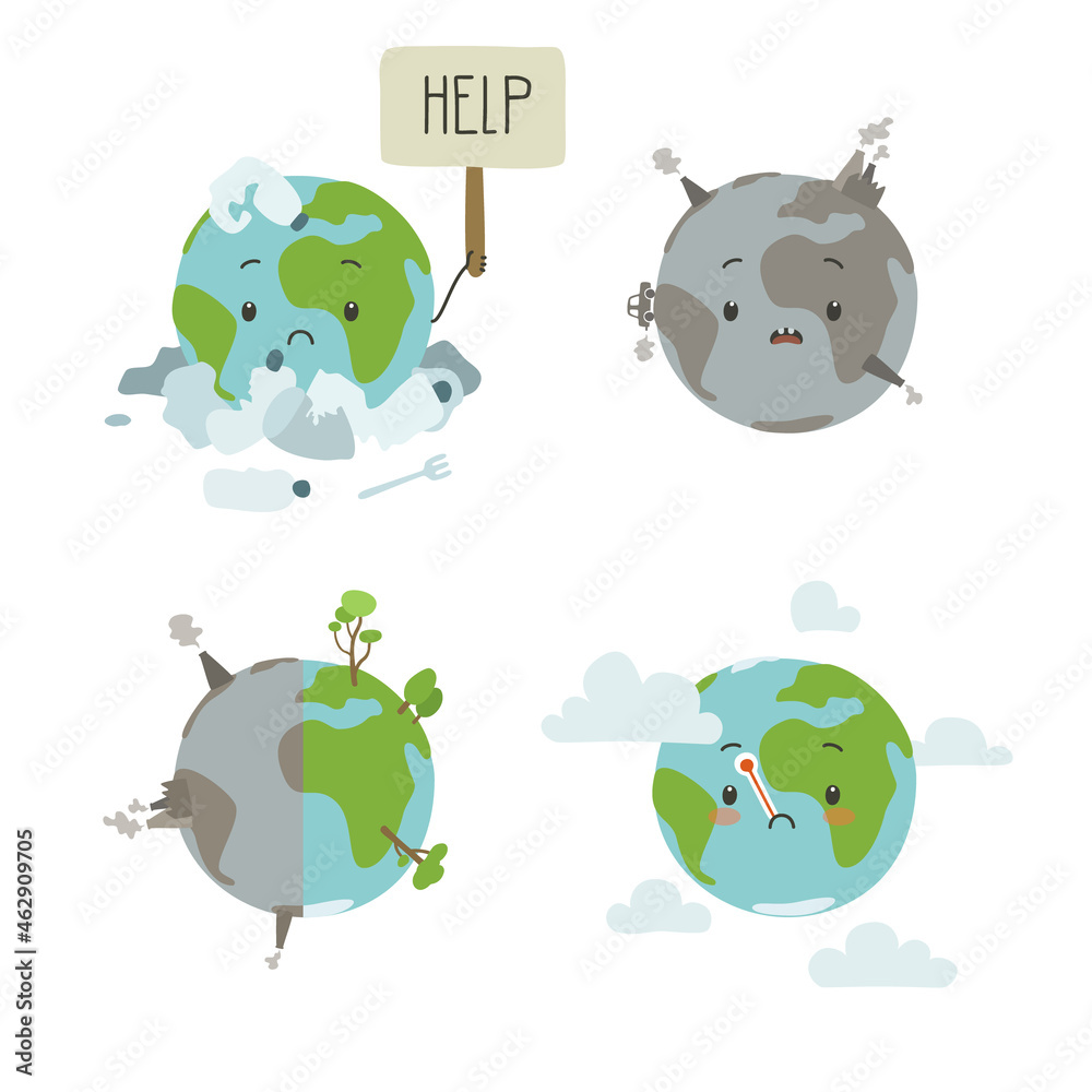 Planet earth ecology problem set. Cute doodle bundle of stickers. World ...