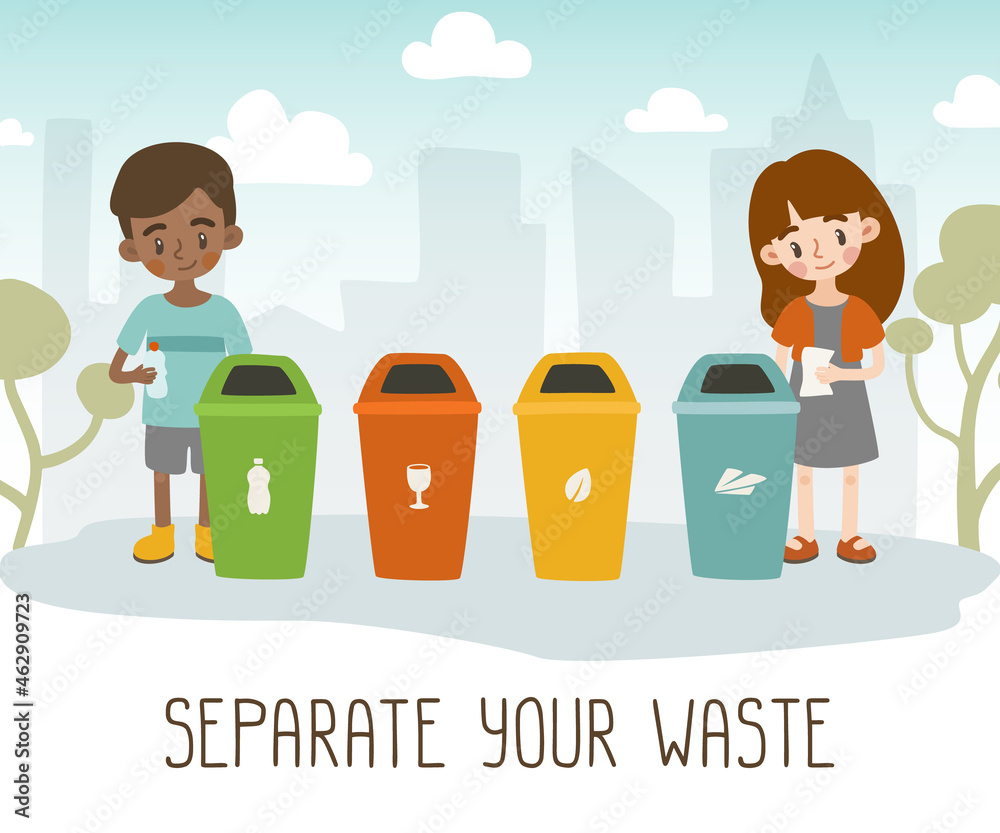 Cartoon children throw waste separately in recycling containers. Kids ...