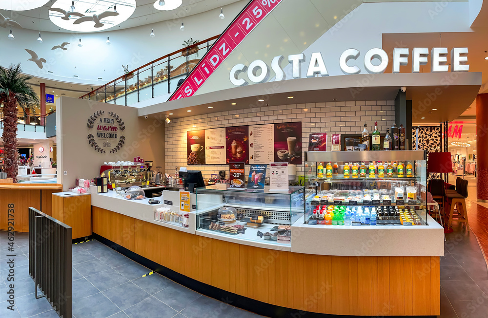 LATVIA, RIGA, OCTOBER, 2021 - Modern interior of Costa Coffee cafe in ...