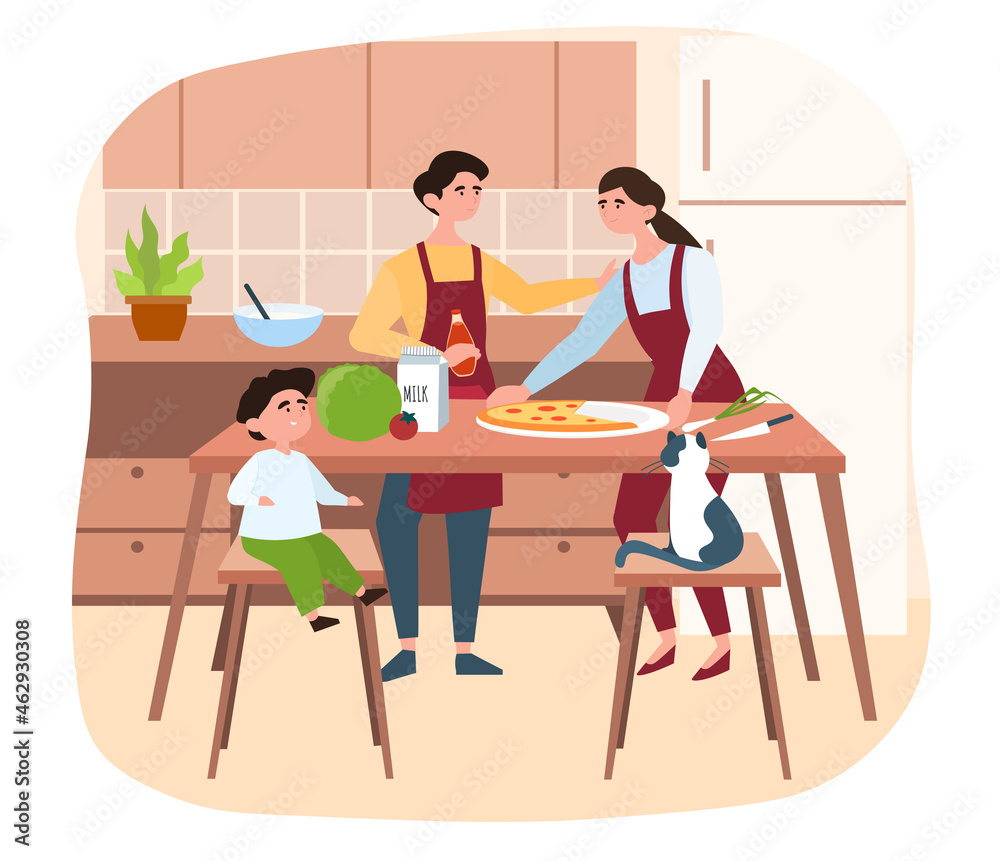 Family cooking dinner. Mom and daughter together prepare food for son ...