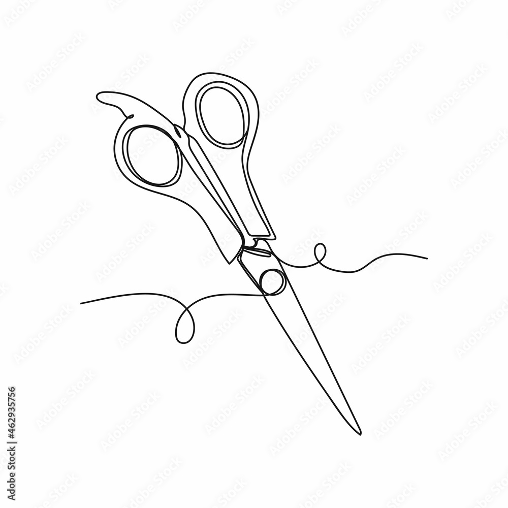 Continuous one line single drawing of scissors in silhouette on a white ...