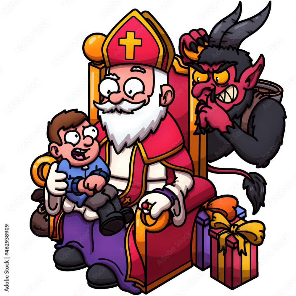 Kid On Lap Of Saint Nicholas While Krampus Is Stalking Cartoon Stock ...