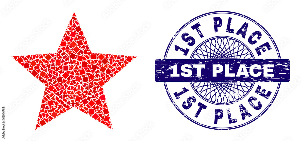 Geometric collage red star, and 1St Place grunge seal print. Violet ...