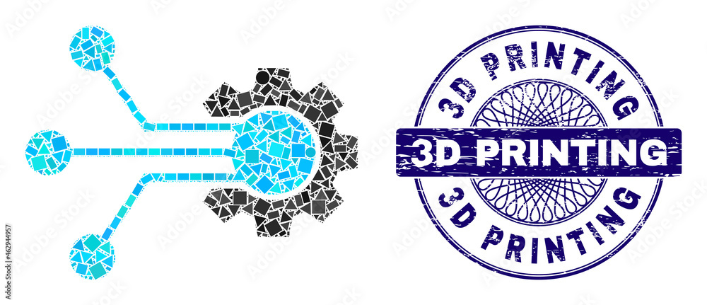 Geometric collage smart cog, and 3D Printing textured stamp seal. Blue ...