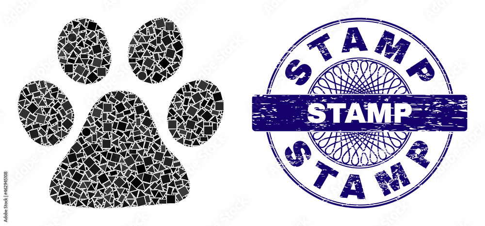 Geometric collage paw print, and Stamp rubber stamp seal. Blue seal ...