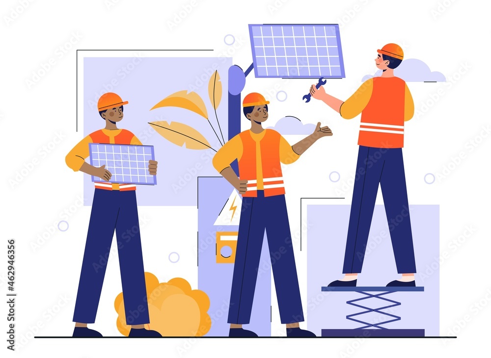 Solar power plant. Workers install panels to generate electrical energy ...