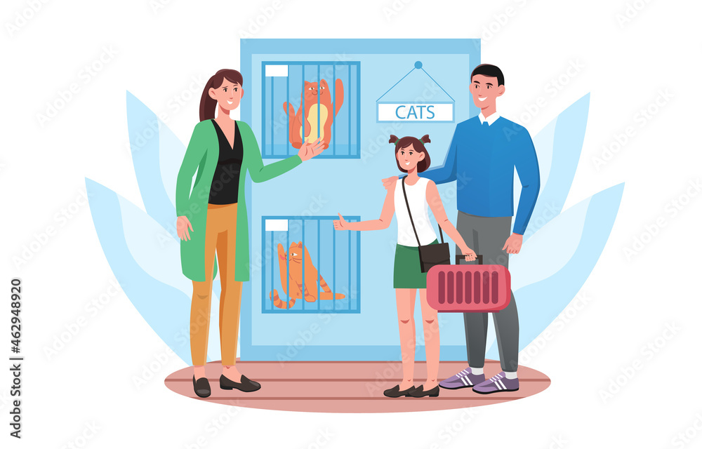 Cattery for cats. Girl, together with her father and mother, takes her ...