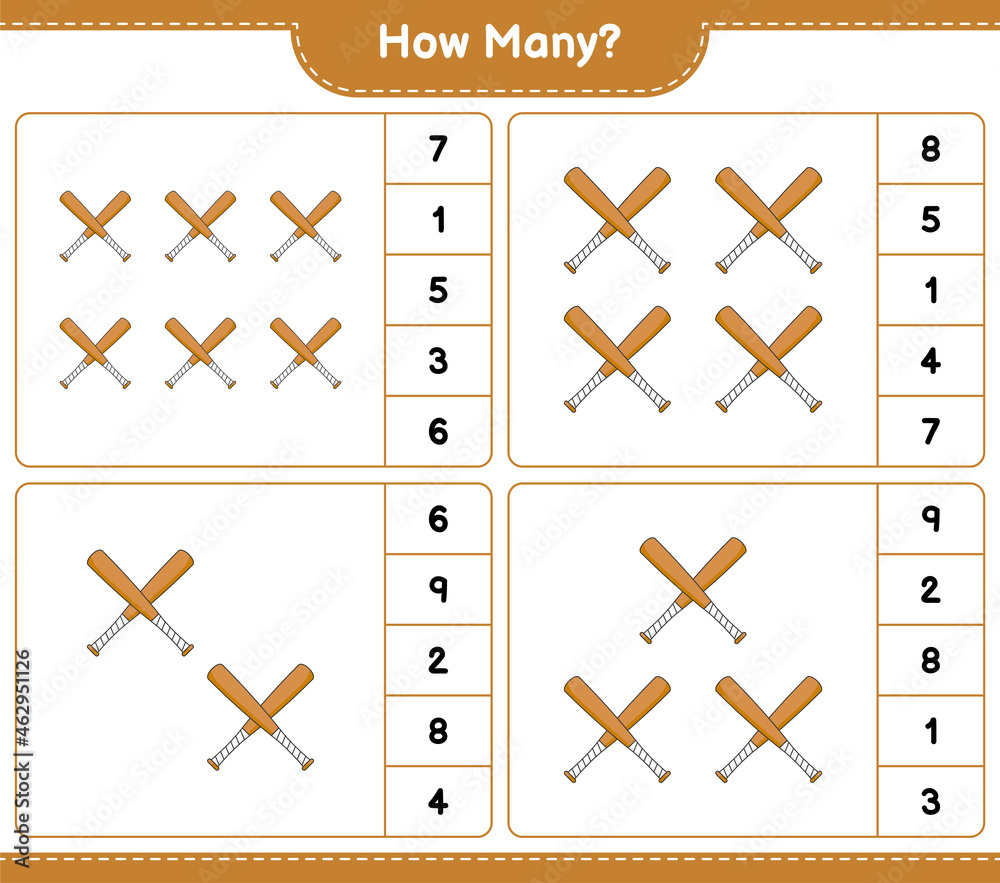 Counting game, how many Baseball Bat. Educational children game ...