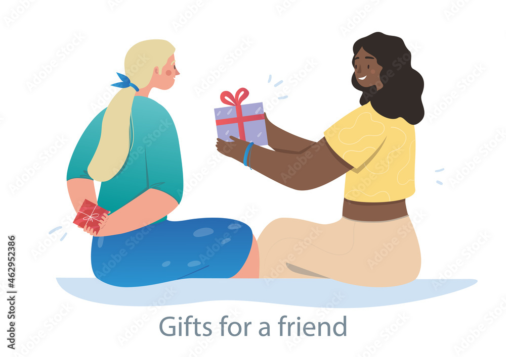 Smiling woman is surprising her best friend with a small present. Two ...