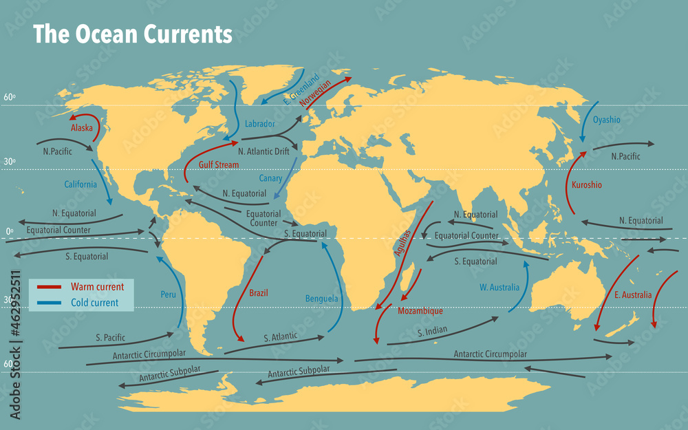 Modern map of the ocean currents around the earth Stock Illustration ...