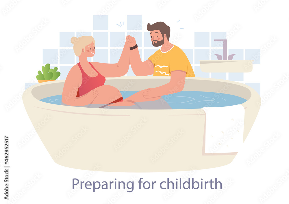 Cheerful husband helps his wife to prepare for childbirth. Women are ...