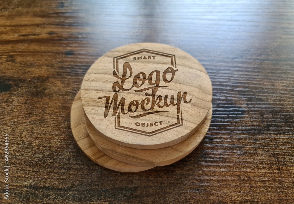 Wooden Coaster Mockup with Engraved Logo Stock Template | Adobe Stock