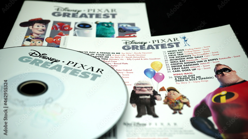 Rome, September 13, 2019: CD and artwork of the soundtracks of PIXAR ...