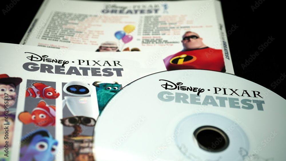 Rome, September 13, 2019: CD and artwork of the soundtracks of PIXAR ...