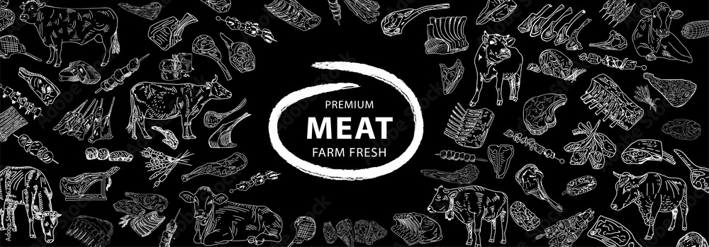 Fresh meat products collection. Sketch vector illustration. Hand drawn ...