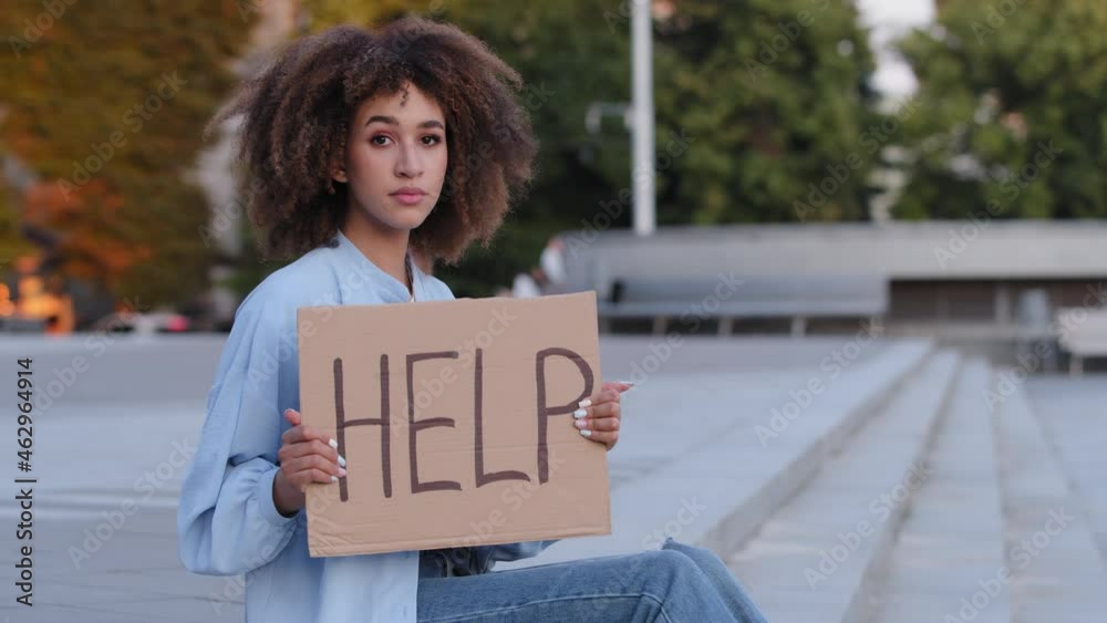 Sad upset stressed african american woman with curly hair afro ...