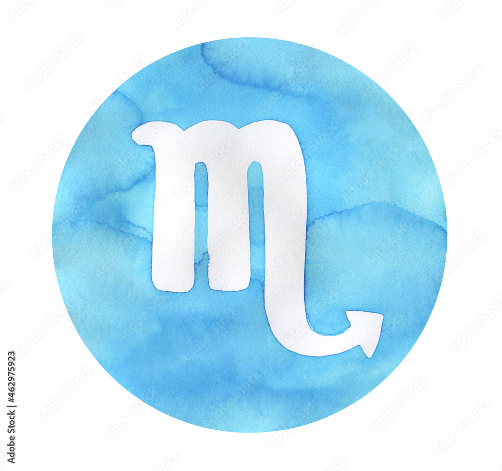Watercolour drawing of Scorpio Zodiac Symbol. Light blue color ...