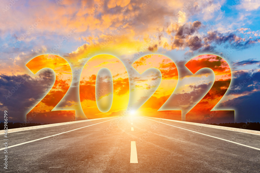 Empty asphalt roads and the New Year 2022 concept. The 2022 number on ...