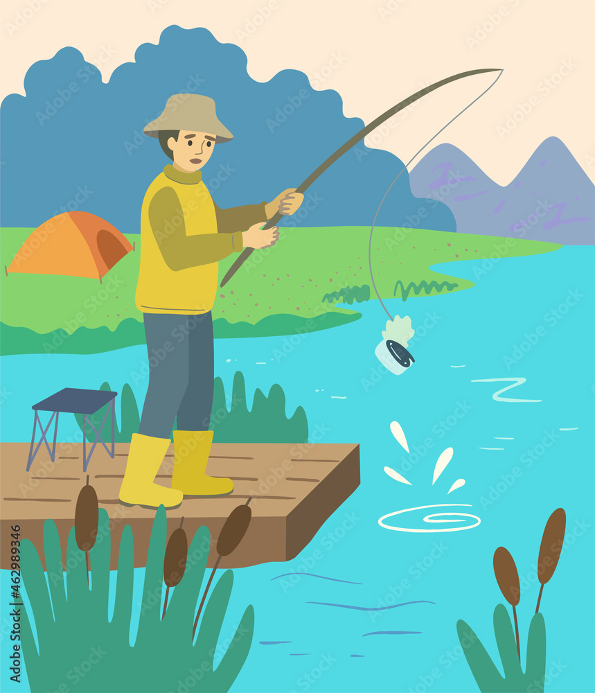 The fisherman hooked a tin can instead of fish. Cartoon concept ...