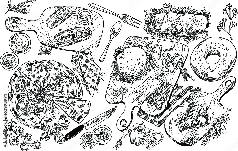 Black and white hand drawn illustrations of food Stock Vector | Adobe Stock
