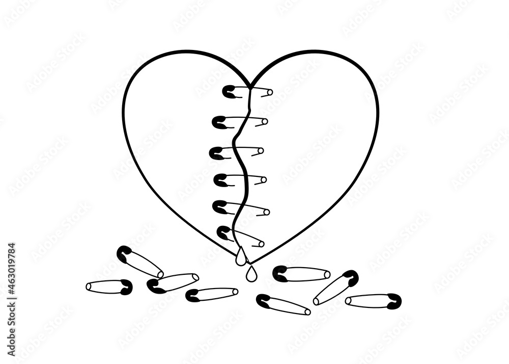 Drawing Line art of Broken heart was cut and attached with many pin ...