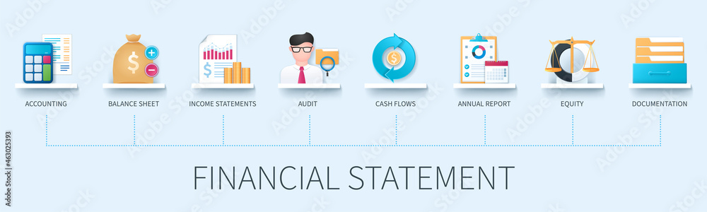 Financial statement banner with icons. Accounting, balance sheet ...