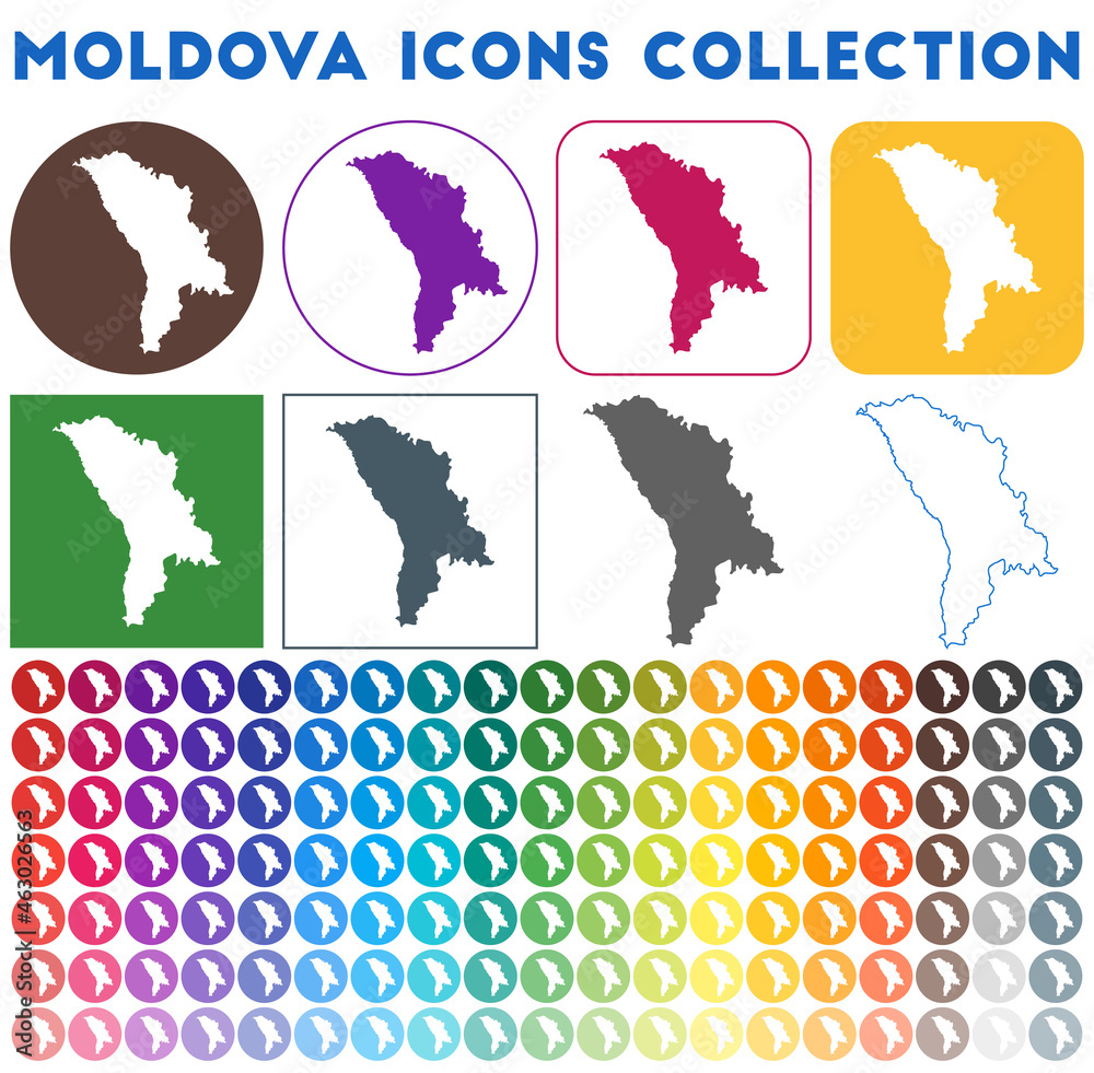 Moldova icons collection. Bright colourful trendy map icons. Modern ...