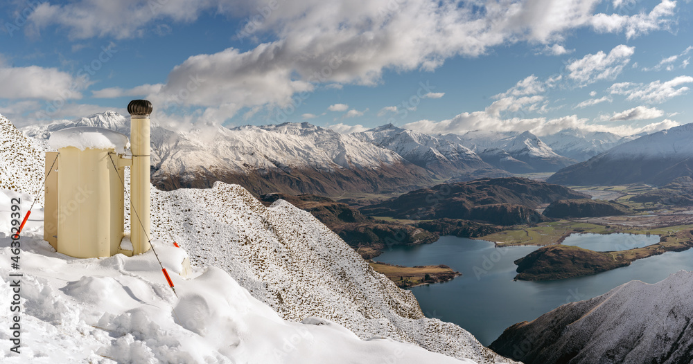 Toilet with amazing view of snowy mountains at the top of Roy's Peak ...