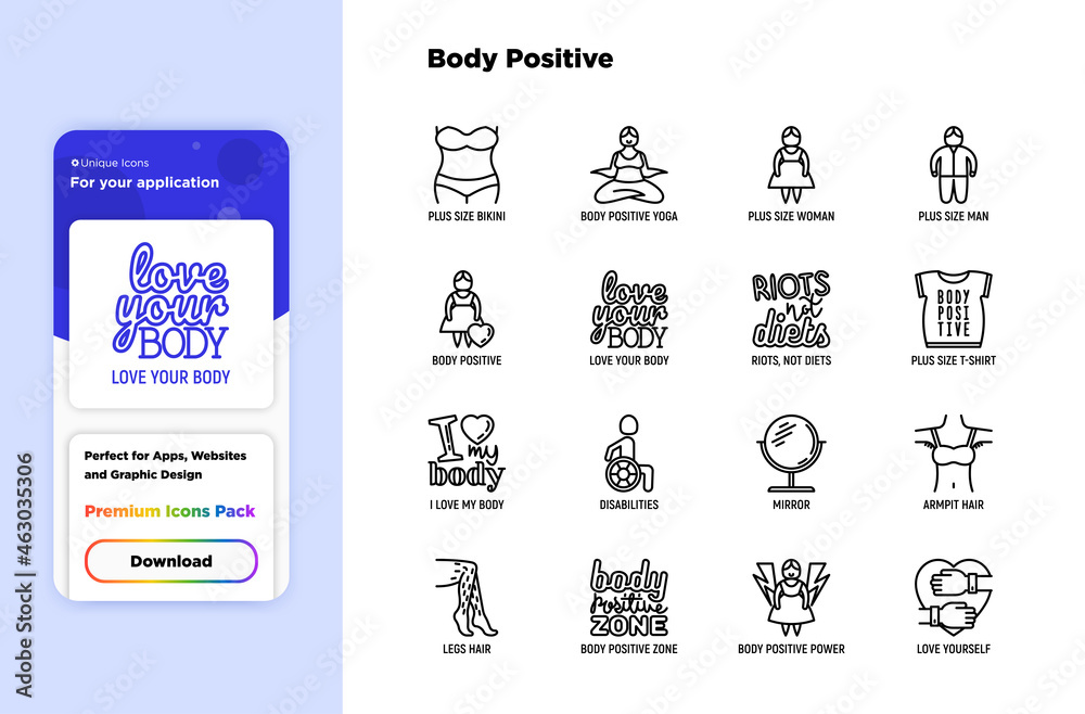 Vetor de Body positive thin line icons set: woman plus size, yoga ...