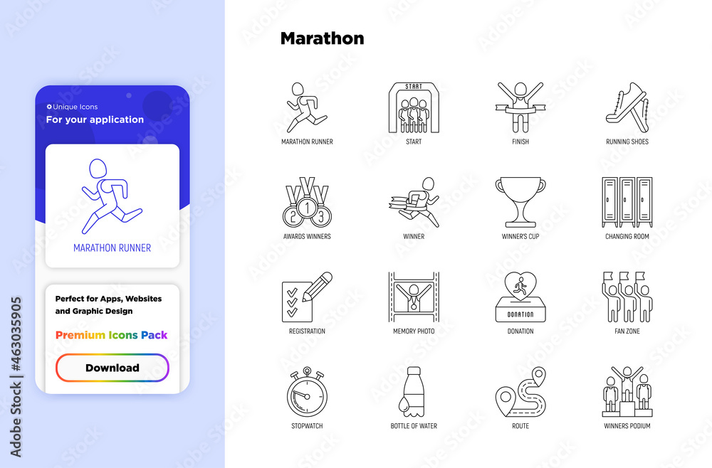 Marathon thin line icons set: runner, start, finish, running shoes ...