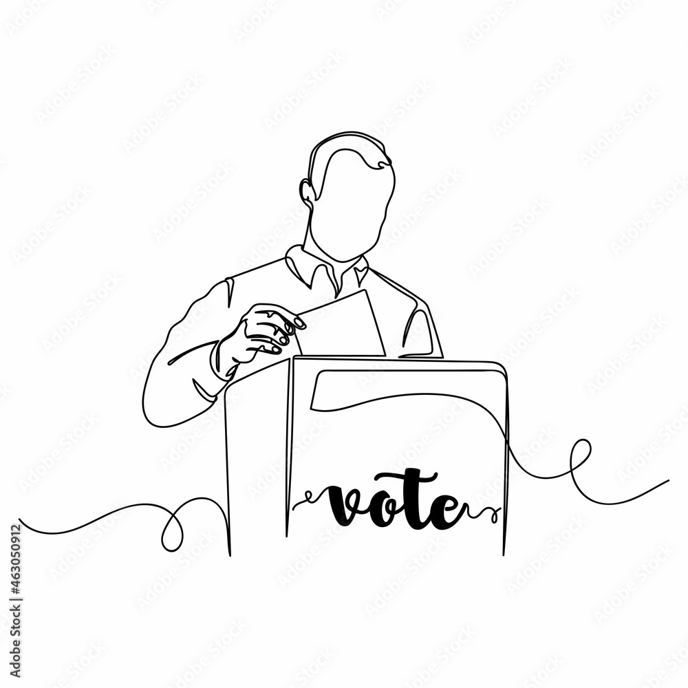 Continuous one single line drawing of man voting and putting ballot in ...