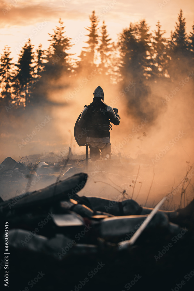 Medieval Knight Walking on Battlefield amidst Dead Enemies. Surviving ...