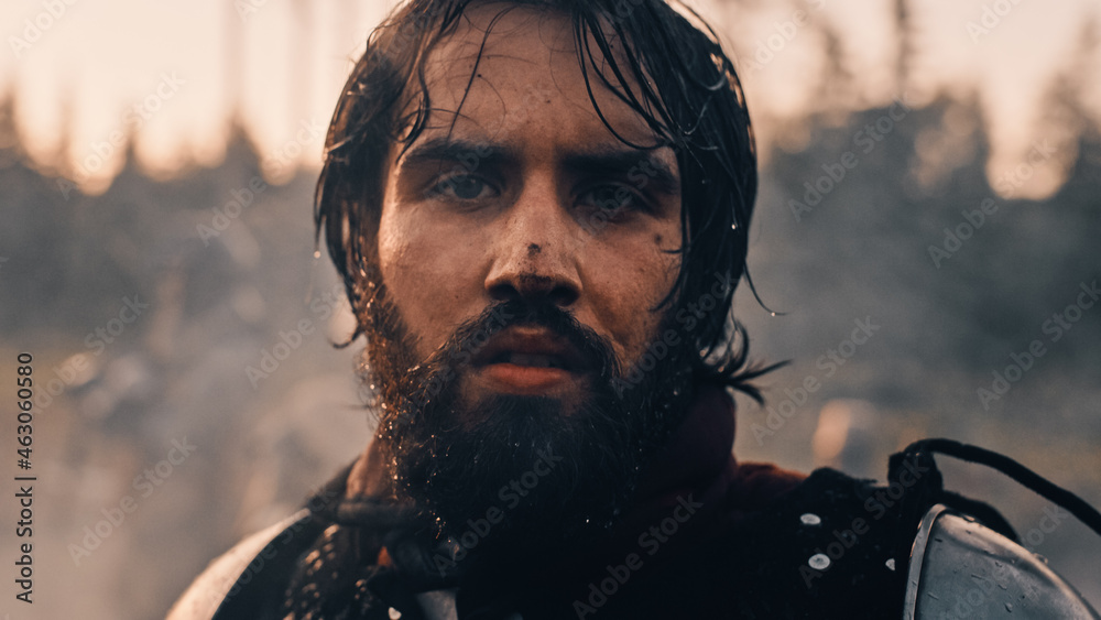 Handsome Medieval Knight King on Battlefield, Looking at Camera ...