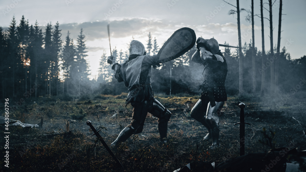 Plakat Dark Age Battlefield: Two Armored Medieval Knights Fighting with ...
