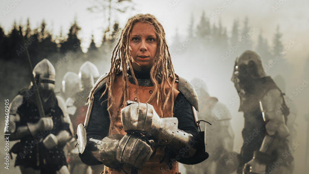 Epic Battlefield: Portrait of Powerful Female Leader Warrior Holding ...