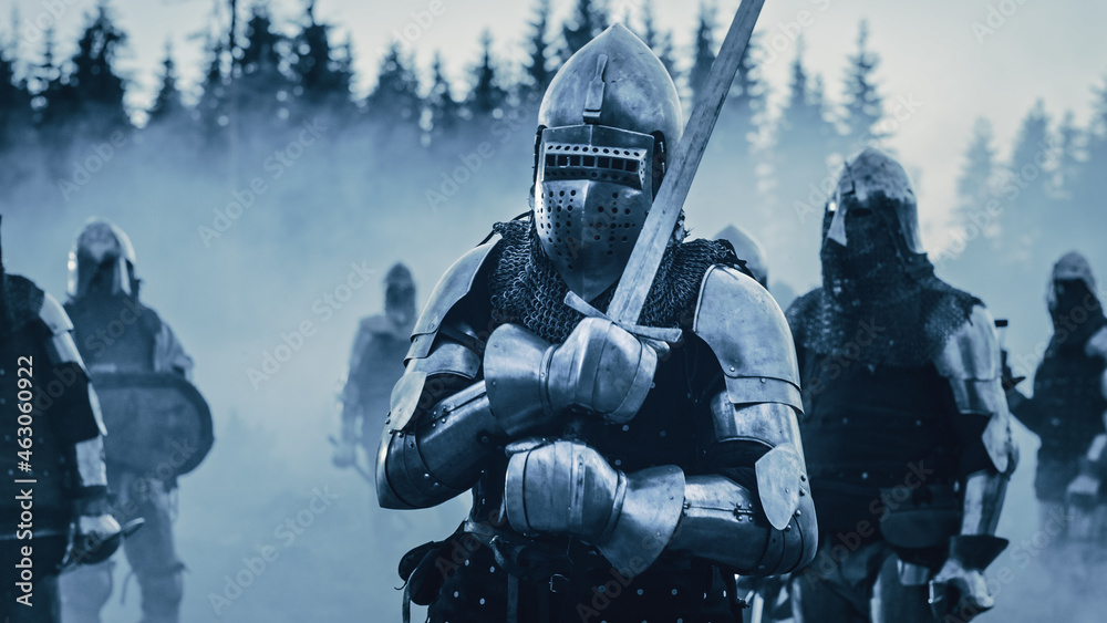 Epic Battlefield: Portrait of Knight Leader Wearing Helmet, Holding ...