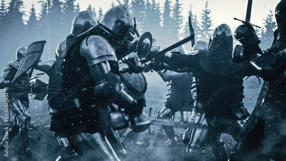 Epic Battlefield: Armies of Medieval Knights Fighting with Swords. Dark ...