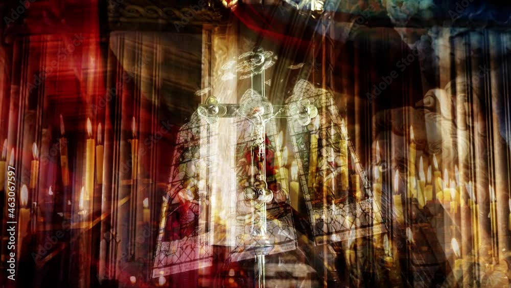 Jesus appearing in a church montage. Layers of church windows and ...
