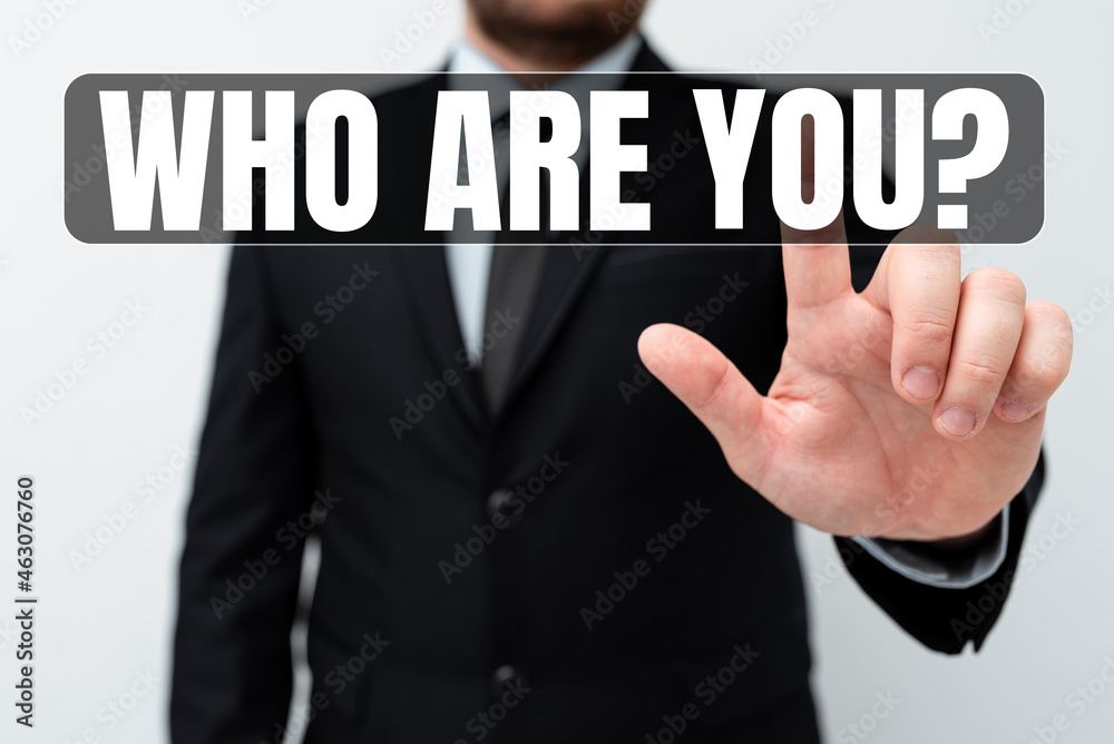 Hand writing sign Who Are You Question. Word Written on asking about ...