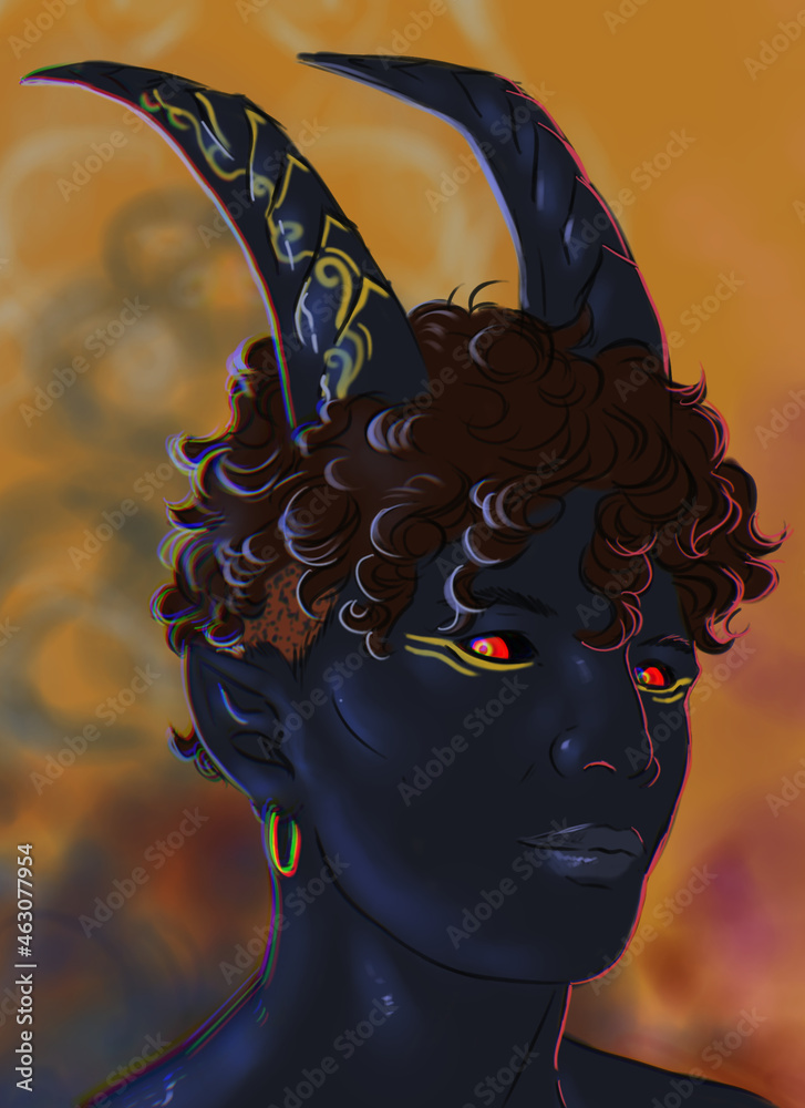 Digital illustration of a young demon head, with horns and eyes that ...