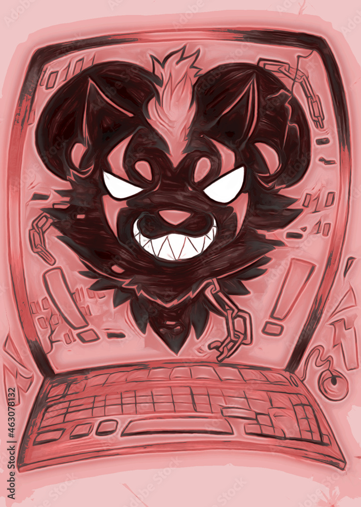 Illustration of a cartoon computer showing the silhouette of a ...