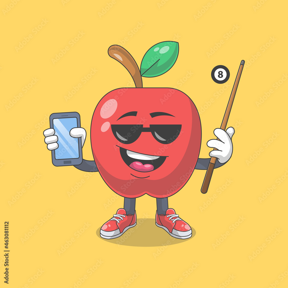 Cute Happy Red Apple Playing Billiard Cartoon Vector Illustration ...