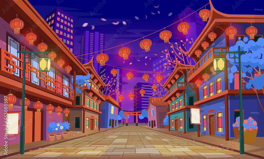 Panorama chinese street with old houses, chinese arch, lanterns and a ...